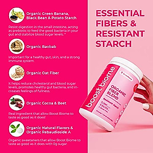 Boost Biome Organic Fiber Blend – Resistant Starch Powder with Green Banana Flour, Oat, Black Bean – Supports Bloating Relief, Gut Health, Leaky Gut, High Fiber & Prebiotic (30 Servings, Strawberry)
