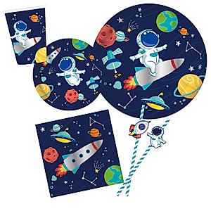 Serves 24 Ultimate Outer Space Party Supplies 9" Plates 7" Plates 24 Cups 2 Table Cover 24 Napkins 24 Straws 1 Blast off Birthday Banner 14 Swirls 12 Photo Props Cake Topper 30 Balloons 12 Candles