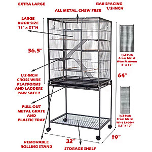 64" Extra Large Wrought Iron Chewproof 4-Levels Tight 1/2-inch Bar Spacing Ferret Chinchilla Sugar Glider Mice Rat Home Cage with Removable Stand On Wheels