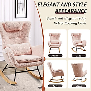 Altillo Teddy Rocking Chair Nursery, Upholstered Small Glider Rocker Accent Armchair with High Backrest, Small Glider Chair with Padded Seat for Nursery, Living Room, Bedroom (Pink)
