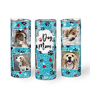 Hyturtle Personalized Picture Dog Mom Skinny Tumbler Gifts for Dog Lover Owner on Valentine's Day Birthday Mother's Day Christmas - Dog Pawprint Custom Photo 20oz Stainless Steel Skinny Tumbler
