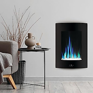 Cambridge 27 Inch Tall Vertical Wall Mounted Curved Panel Electric Fireplace Heater with LED Multicolor Flames, Crystal Rocks, Remote Control for Living Room, Bedroom, Home Office, Black