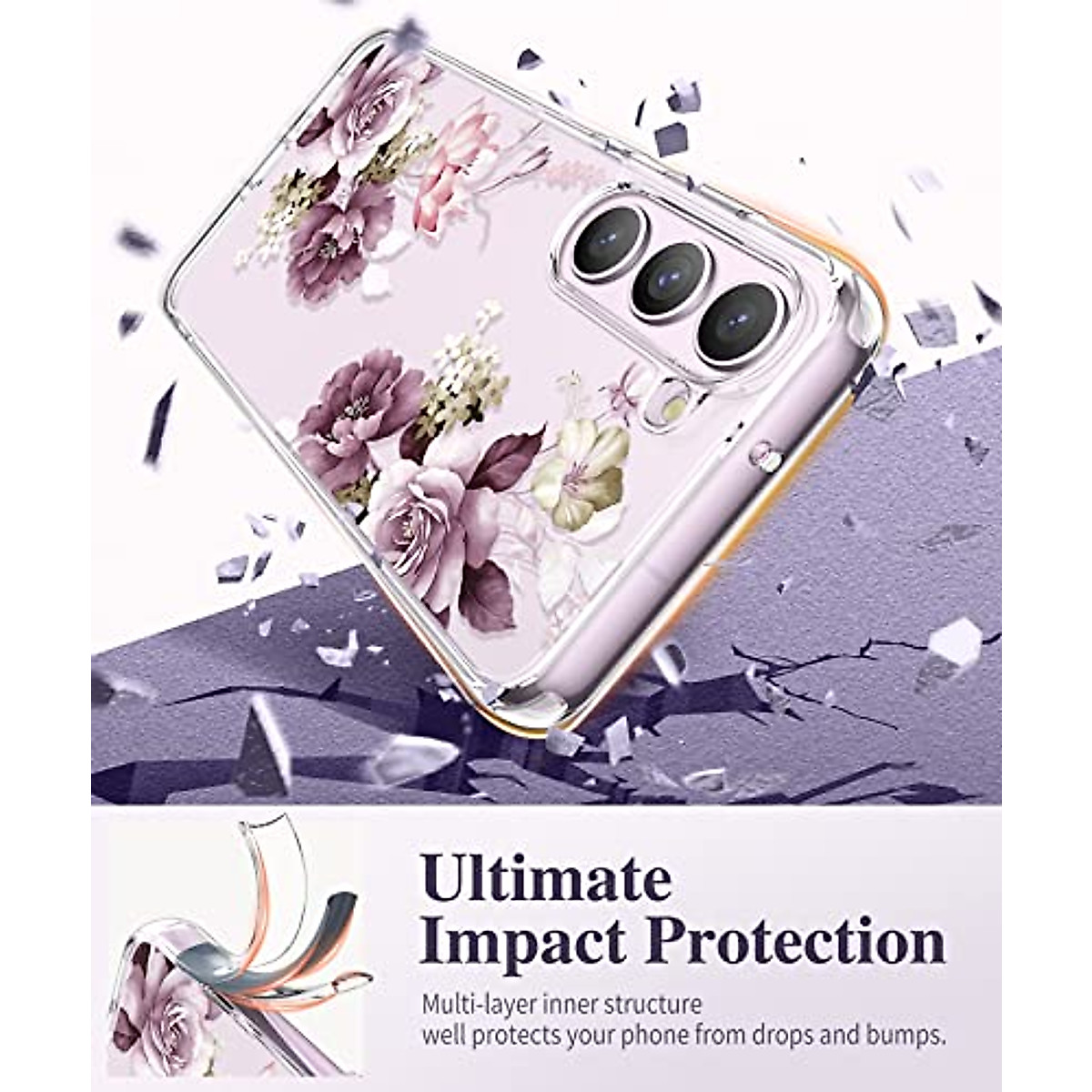 GVIEWIN Case Compatible with Samsung Galaxy S23 Case, with Screen Protector + Camera Lens Protector Floral Shockproof Clear Hard PC+Soft Bumper Women Phone Cover 2023 6.1" (Cherry Blossoms/Purple)