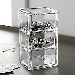 Huang Acrylic Clear Stackable Upright 3-Drawer Organizer, Makeup Jewelry Accessories Cosmetic Countertop Storage Display 3.5 x 3.25 x 5.75 inches