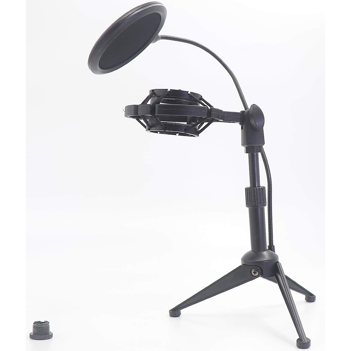 Desktop Microphone Tripod Suspension Stand with Shock Mount Anti-Vibration Mic Holder and 4" Round Mask Shield Double-Net Wind Screen Pop Filter (Large, Black)