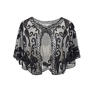 BABEYOND 1920s Shawl Wraps Beaded Evening Cape Bridal Shawl Flapper Cover Up (Black)