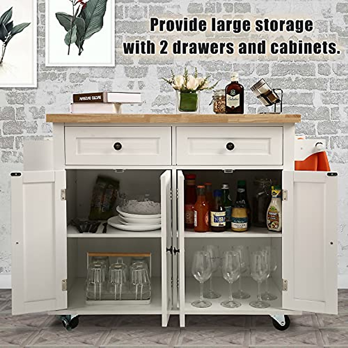 NSdirect Kitchen Island Cart,Kitchen Bar&Serving Cart Rolling on Wheels with Spice Rack Towel Holder Utility Storage Trolley with Storage Drawers for Home Hotel Kitchen Dinning Room(White)