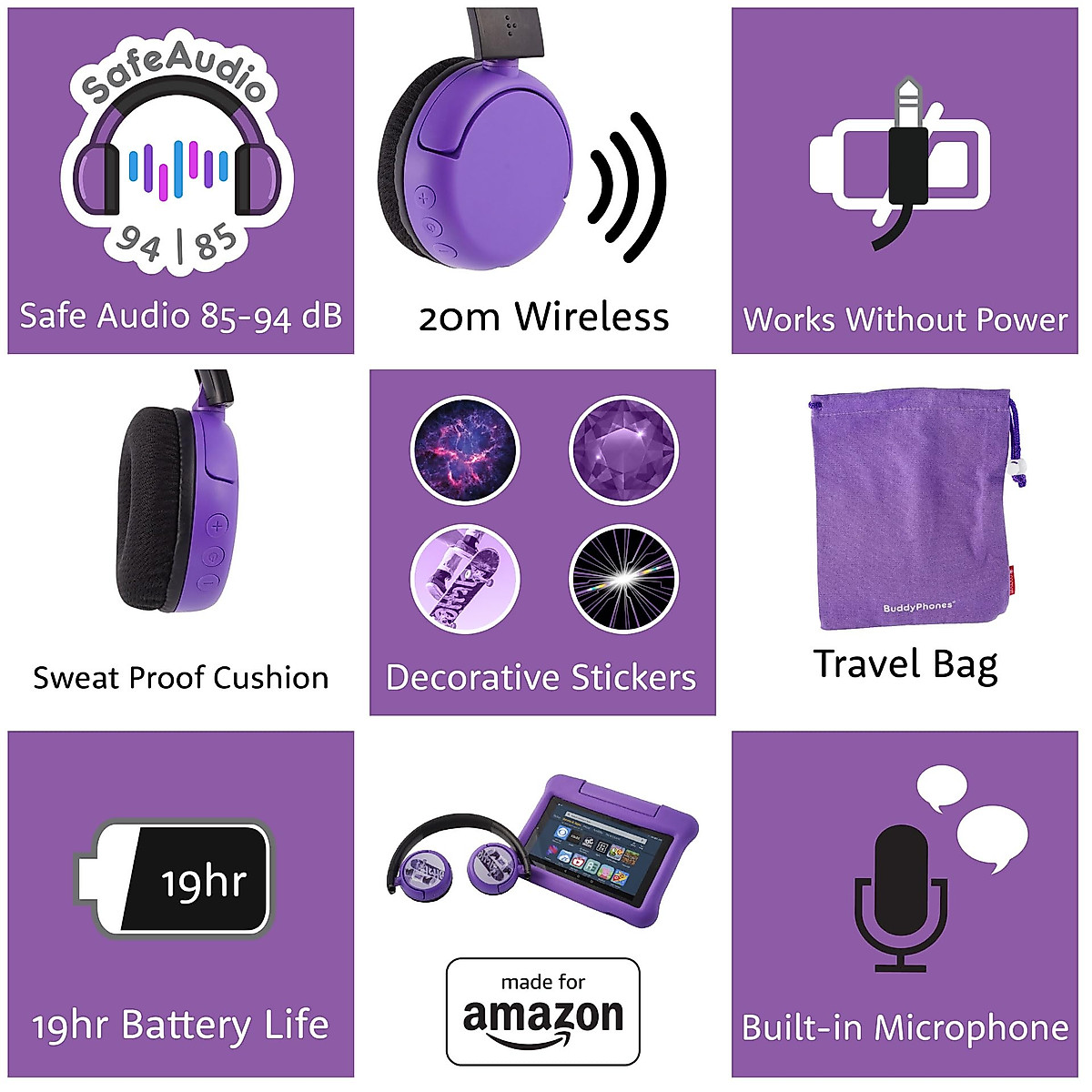 Made for Amazon, Volume Limiting Bluetooth BuddyPhones, PopTime in Purple. Ages (8-15)