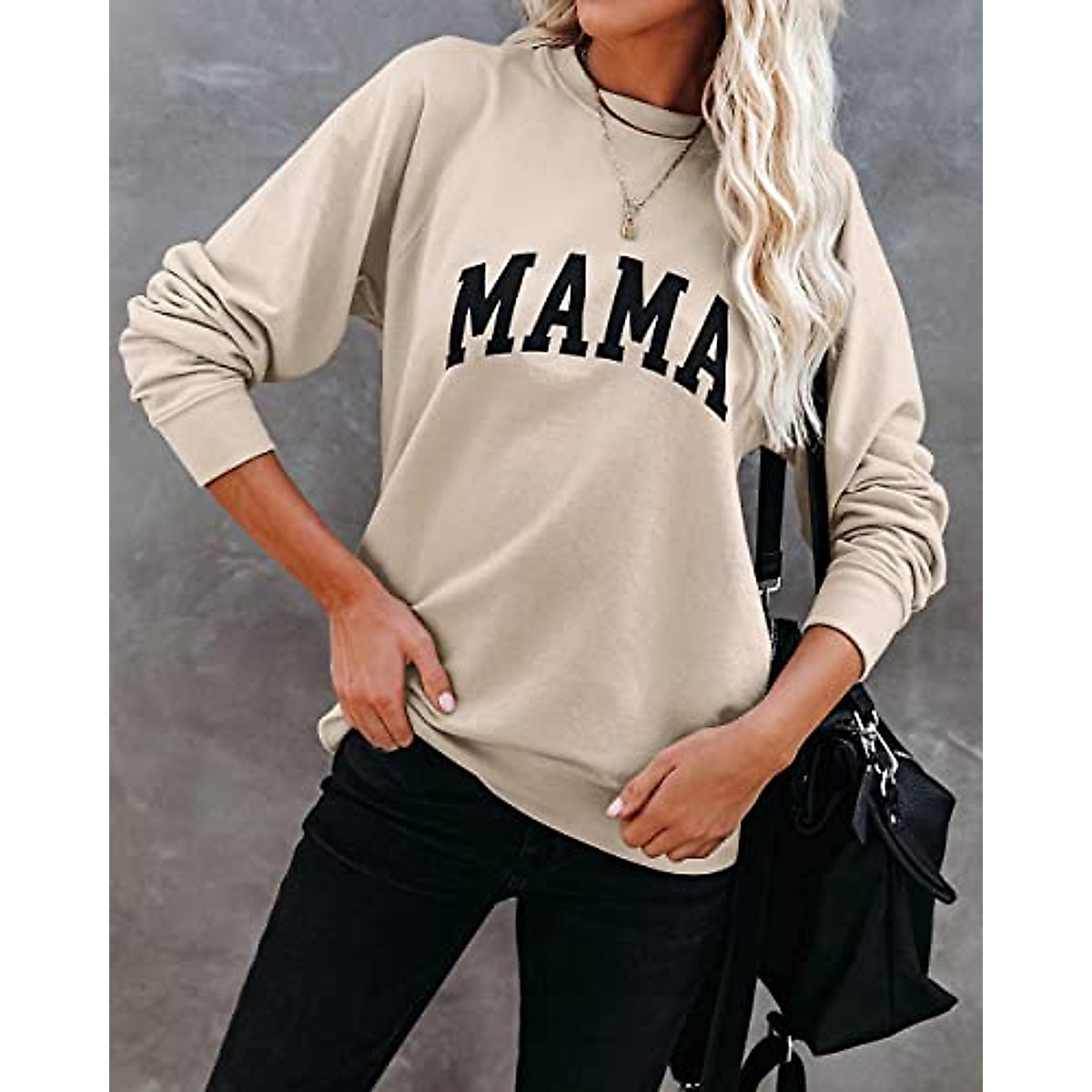 Dressmine Womens Letter Graphic Crewneck Mama Sweatshirt Long Sleeve Loose Shirts Lightweight Cute Pullover Apricot Large
