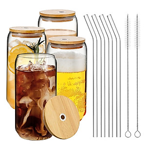 YMQAHWY 4Pcs Set Drinking Glasses with Bamboo Lids and Glass Straw, 16oz Can Shaped Glass Cups, Beer Glasses, Iced Coffee Cups, Glass Tumbler Include 2 Cleaning Brushes, Great for Cocktail,Gifts