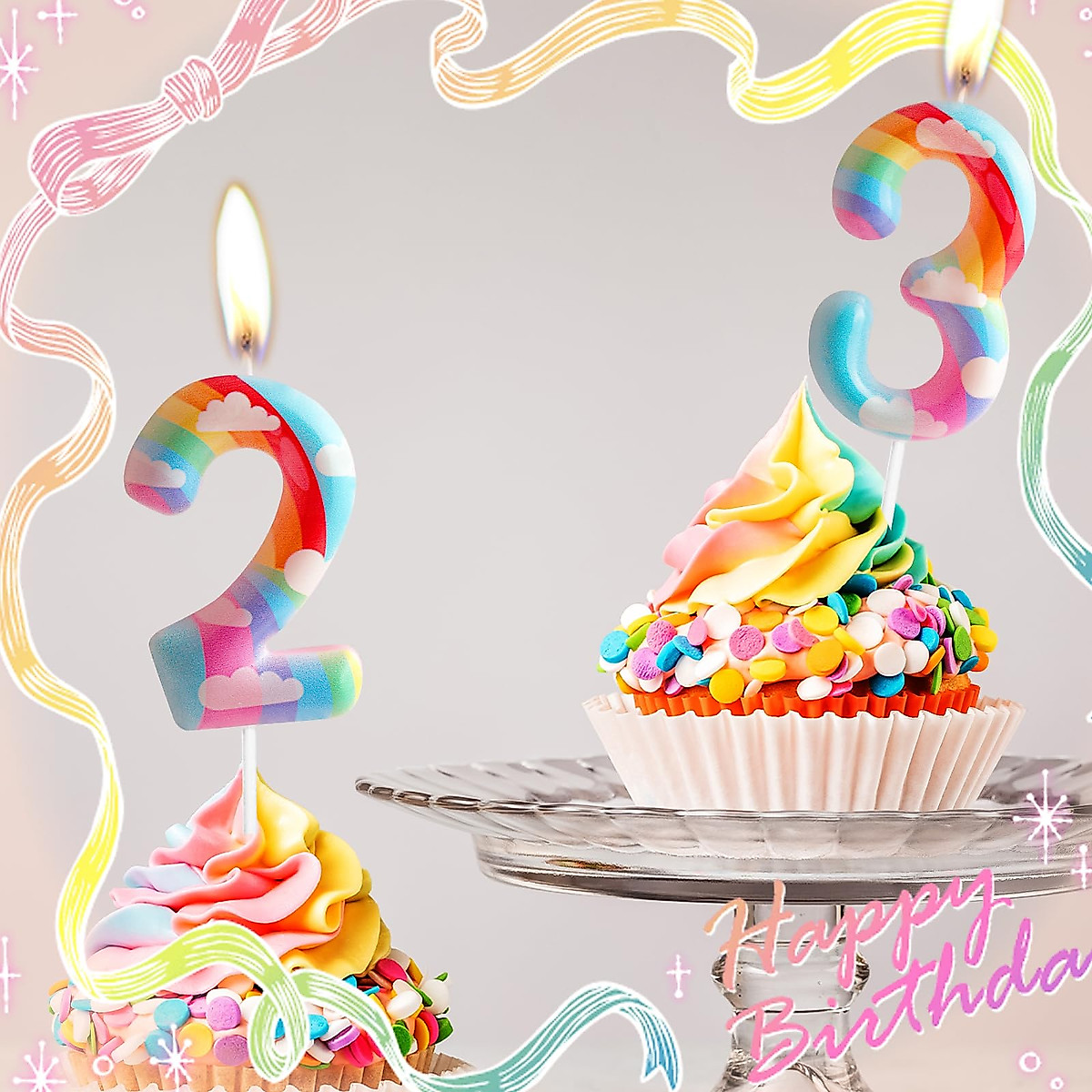 5th Birthday Candles Number 5 Pink Rainbow Birthday Party Cloud Rainbow Theme Adorable Design for Baby Girl Boy Birthday Cake Topper, Graduation Celebration Anniversary Wedding Decorations