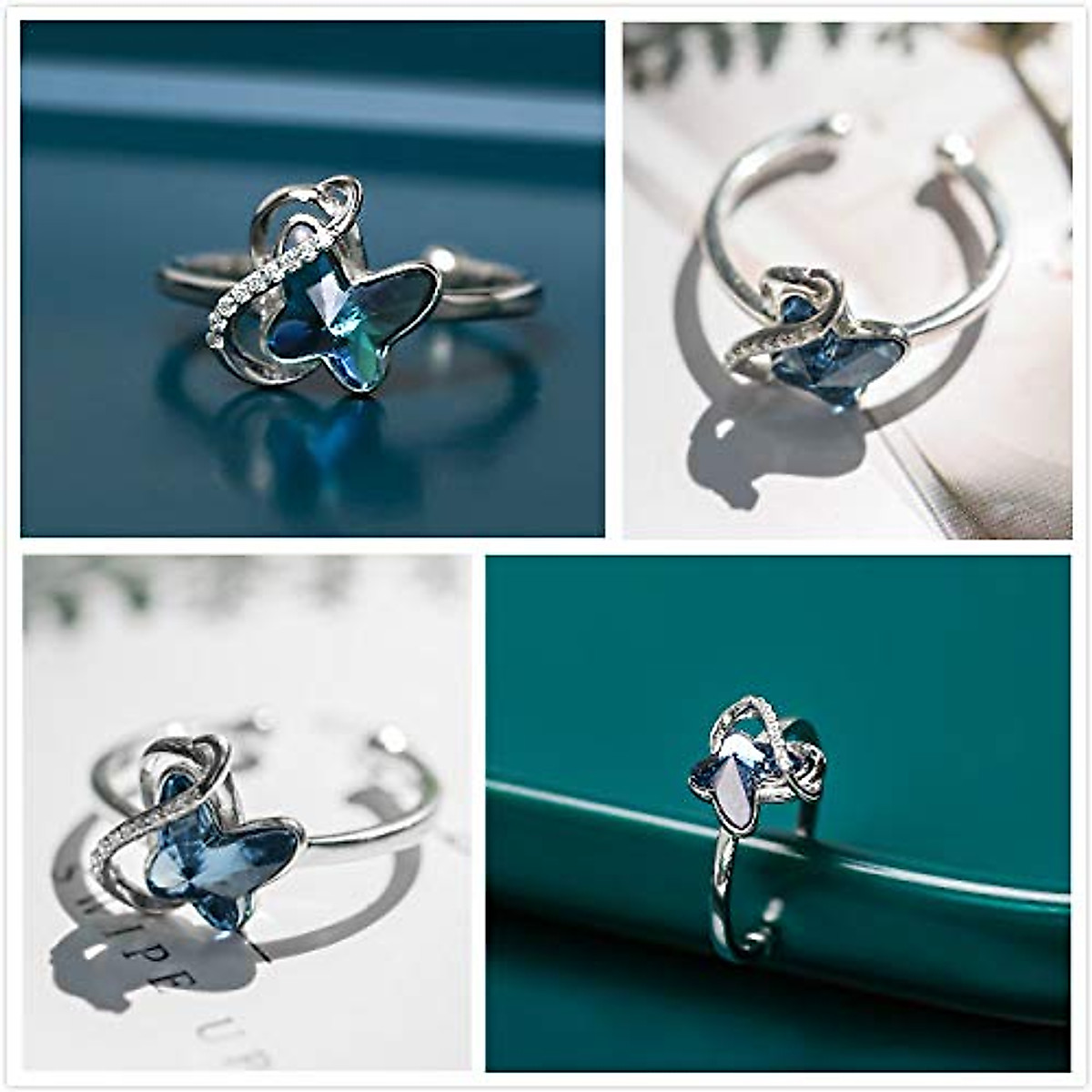 AOBOCO Infinity Butterfly Ring Sterling Silver Women Ring with Crystals from Austria, Fine Anniversary Birthday Butterfly Jewelry Gifts for Her(Blue)