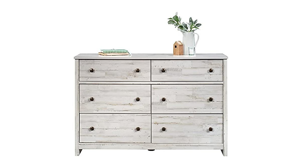 Sauder River Ranch 6-Drawer Dresser in White Plank - Rustic Style & Storage