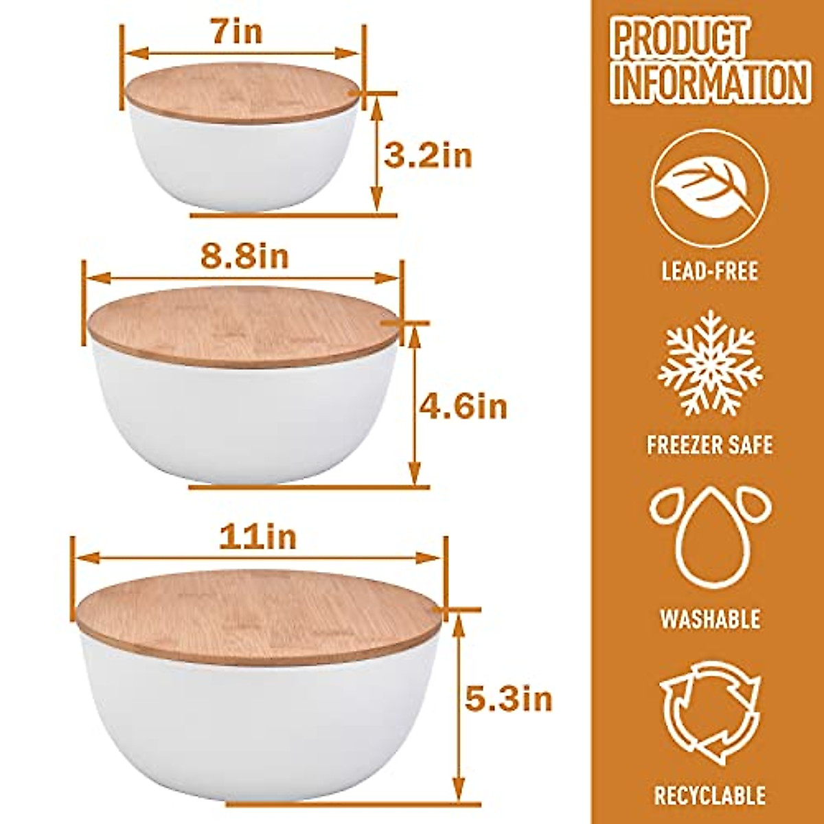 Panghuhu88 Salad Bowl with Lid, Set of 3 (7" + 8.8" + 11") Serving Bowl with Bamboo Cover, Bamboo Fiber Mixing Bowl for Salad Cereal Pasta Soup Fruit Popcorn Chips (White)
