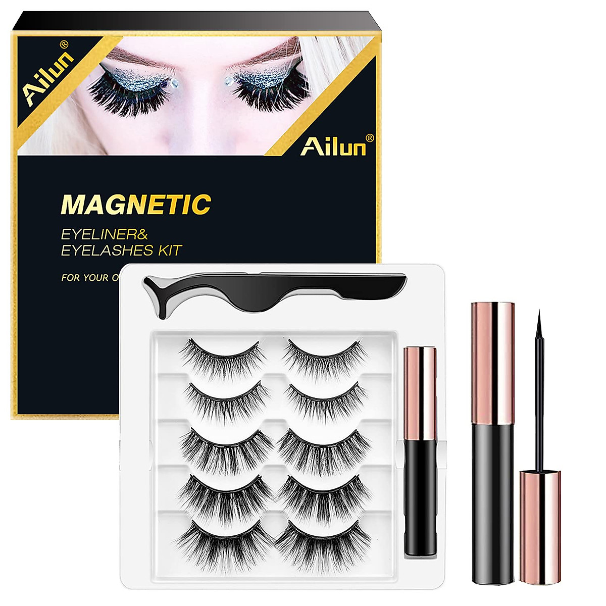 Ailun Magnetic Eyeliner and Eyelashes Kit Volume Fluffy Natural look False Eyelashes 5 Pairs Wispies Long Extension Eyelashes with Tweezers,Easy to Wear,Resuable and No Glue