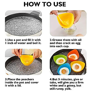 Mikim Egg Poachers Silicone Egg Poacher Cups with Ring Standers, Nonstick Egg Poaching Cups Poached Egg for Stovetop Air Fryer, BPA Free Egg Cooking Cups with Extra Oil Brush, 4 Pack