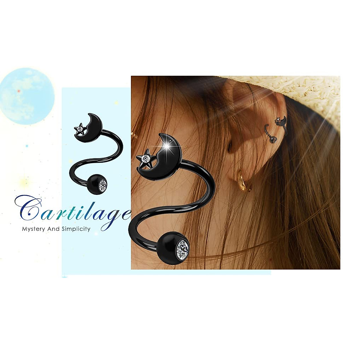 Melighting Twist Helix Earrings 16G Black Moon Cartilage Earring Clear CZ Surgical Steel 316L Star Tragus Piercing Jewelry Labret Piercing Helix Piercing Women