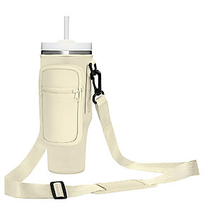 Momocici Cup Holder Carrier Bag with Strap and Pouch for Stanley Quencher 40oz Tumbler. Cup Crossbody Holder Bag Compatible with Stanley Cup for Hiking Travelling Camping.(Cream)