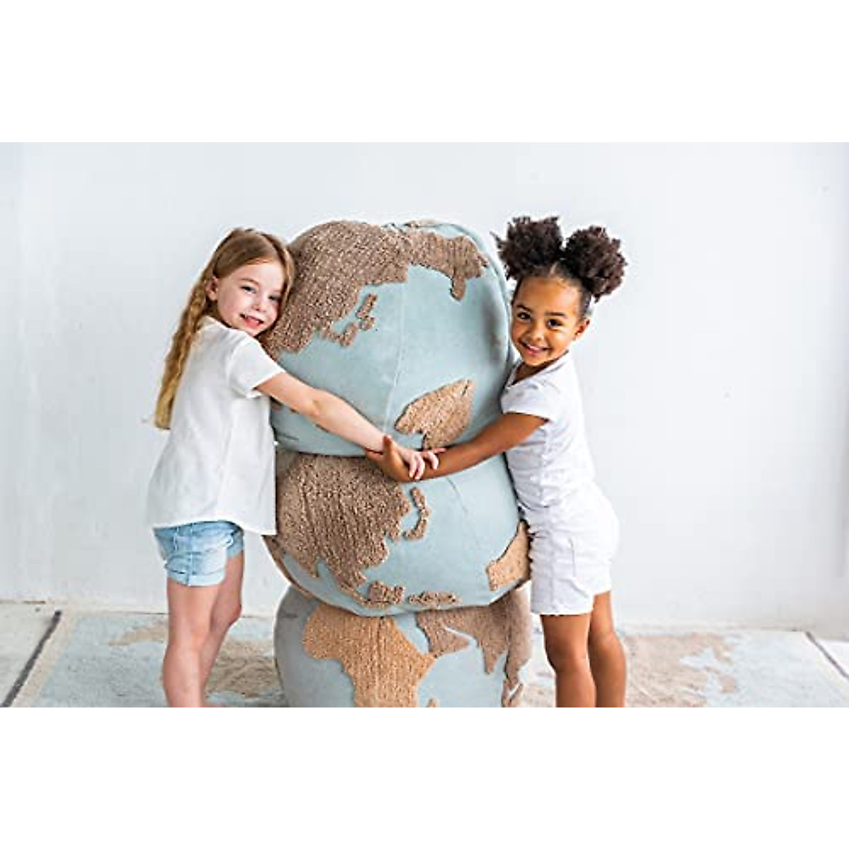 Lorena Canals USA Pouffe World Map, Light Blue, Natural, Linen, Beige, Grey, 1' 5" x Ø1' 8"