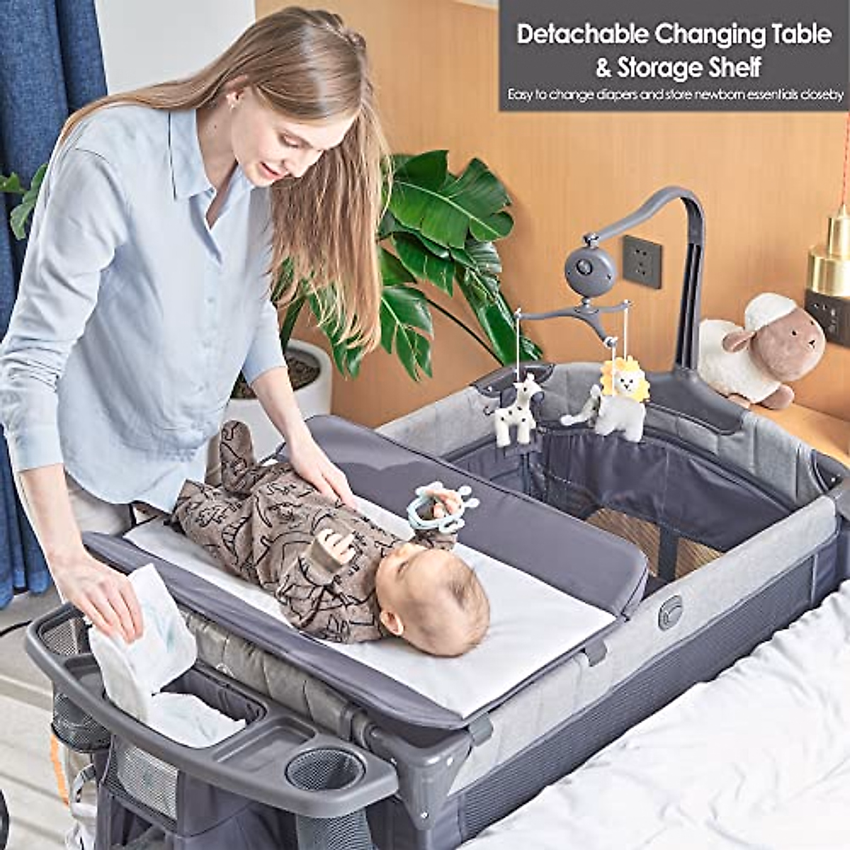 QUTANIX Baby Bassinet Bedside Bassinet Sleeper, 5-in-1 Pack and Play with Full-Size Bassinet,Baby Playard with Changing Table,Storage Shelf,Music Mobile with Soft Toys for Newborn to Toddlers (Grey)