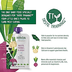 Kekoa Foods Beets, Fennel & Kale Baby Food Purée | 100% USDA Certified-Organic, No Sugar Added | Organic, Non-GMO, Gluten-Free, Vegan | Nutrient-Rich Blend with Leeks & Black Beans | 3.5 oz Squeeze Pouch