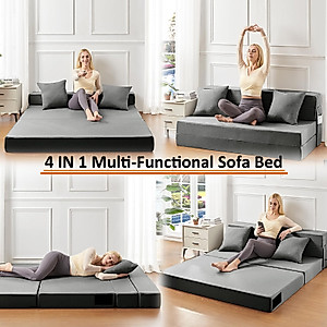 JKMAX Twin Size Folding Sofa Bed - 4 in 1 Sleeper Chair with Pillow - High Density Memory Foam Fold Out Couch - Convertible Folding Bed with Washable Modern Linen Cover for Apartment (Dark Grey)