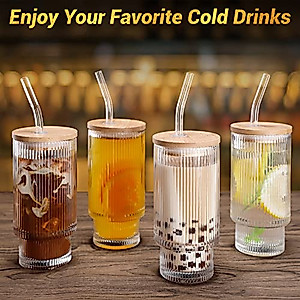 AKONEGE Ribbed Glassware Drinking Glasses with Lid and Straws, 12oz Ribbed Glass Cups Vintage Fluted Glassware Set of 4, Iced Coffee Cup, Coffee Bar Accessories for Whiskey Cocktail Beer Coffee Tea