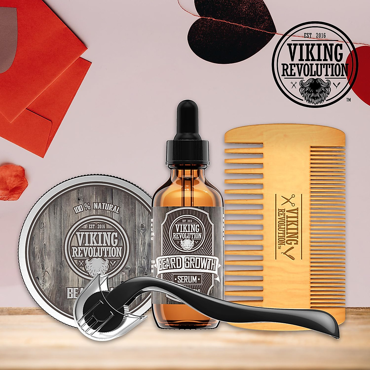Beard Growth Kit - Oil, Balm, Serum, Derma Roller & Wooden Comb for Beard & Mustache Growth