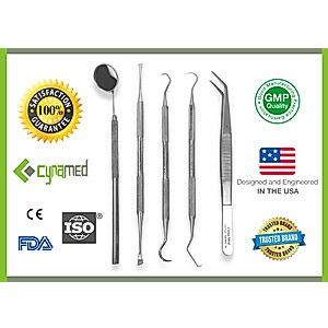 CynaMed Dental Tools Oral Care Kit (5-Pack) – Stainless Steel Dental Pick, Tartar Scraper, Scaler, Tweezers, and Mouth Mirror for Personal & Pet Use