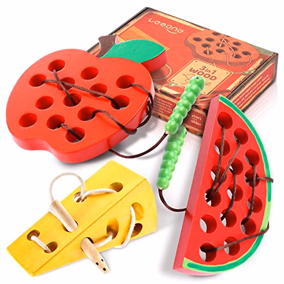 KLT Lacing Toy for Toddlers, Wooden Threading Toy Kids Travel Car Airplane Activities, Road Trip Essentials Games, Educational learning Fine Motor Skills Montessori Toys 1 Apple,1 Watermelon, 1 Cheese