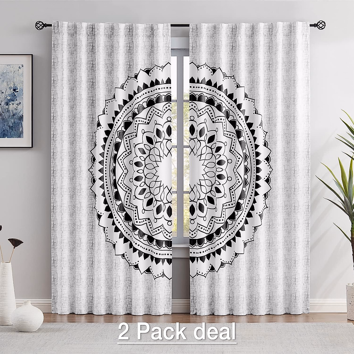 FMFUNCTEX 100% Blackout Curtains for Bedroom, Black Medallion Patterned Curtains 96 Inches Long for Living Room, Mandala Thermal Insulated Drapes Room Darkening Grommet Top 2 Panels