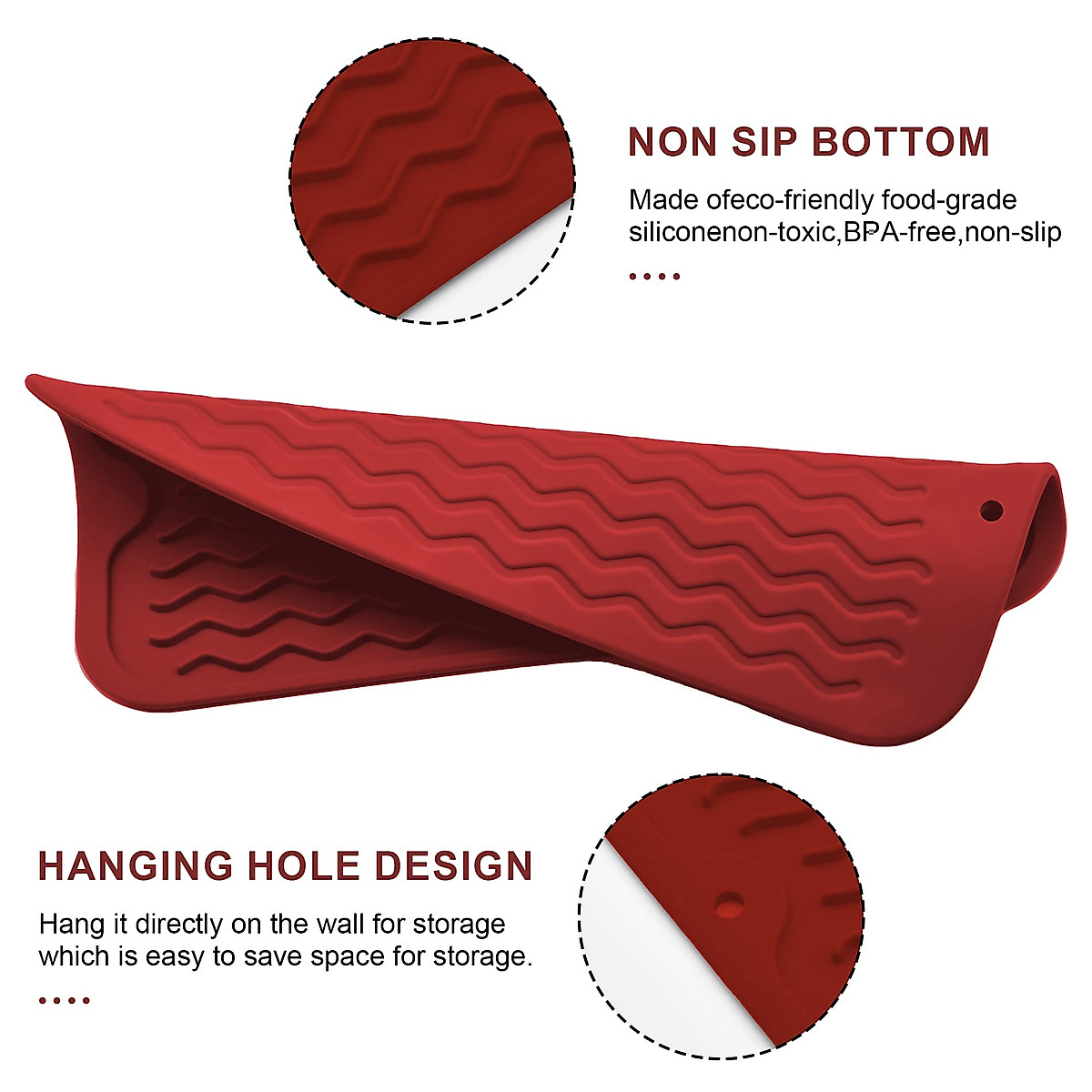 Silicone Dish Drying Mat, Non-Slip Easy Clean Sink Mat Large Heat-resistant Dish Drainer Mat for Kitchen Counter, Sink, Refrigerator or Drawer liner (12" x 6", RED)