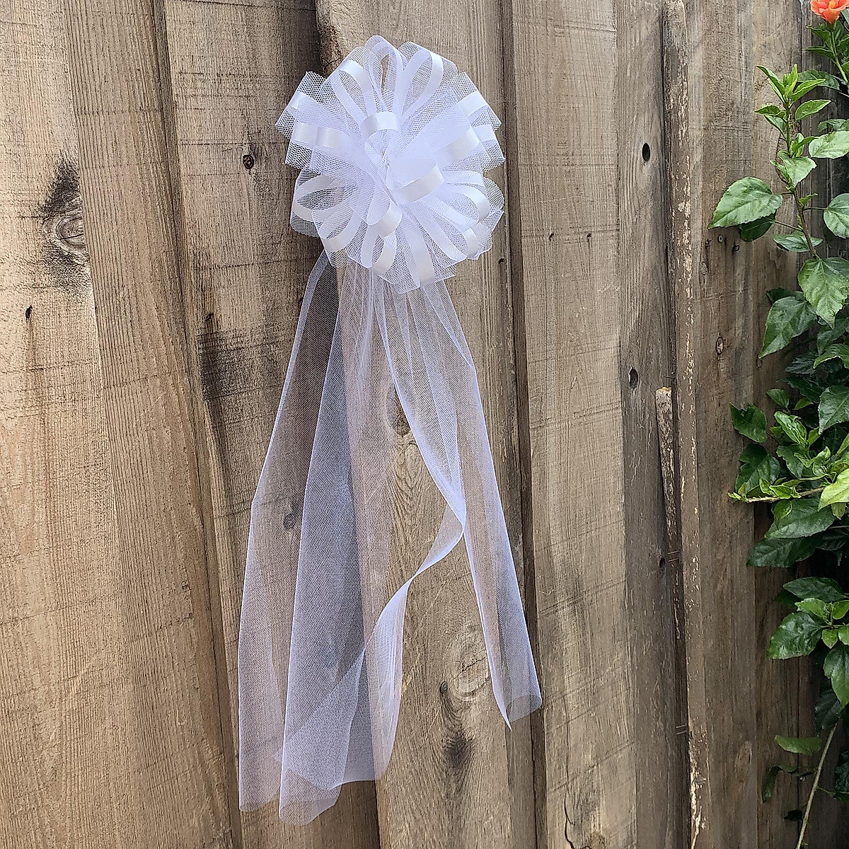 Large Assembled White Wedding Pew Bows - 10" Wide, Set of 6, Tulle Wedding Bows, Mother's Day, Reception, Aisle Decoration, Bridal Shower, Anniversary, Birthday, Fundraiser, Wedding Event