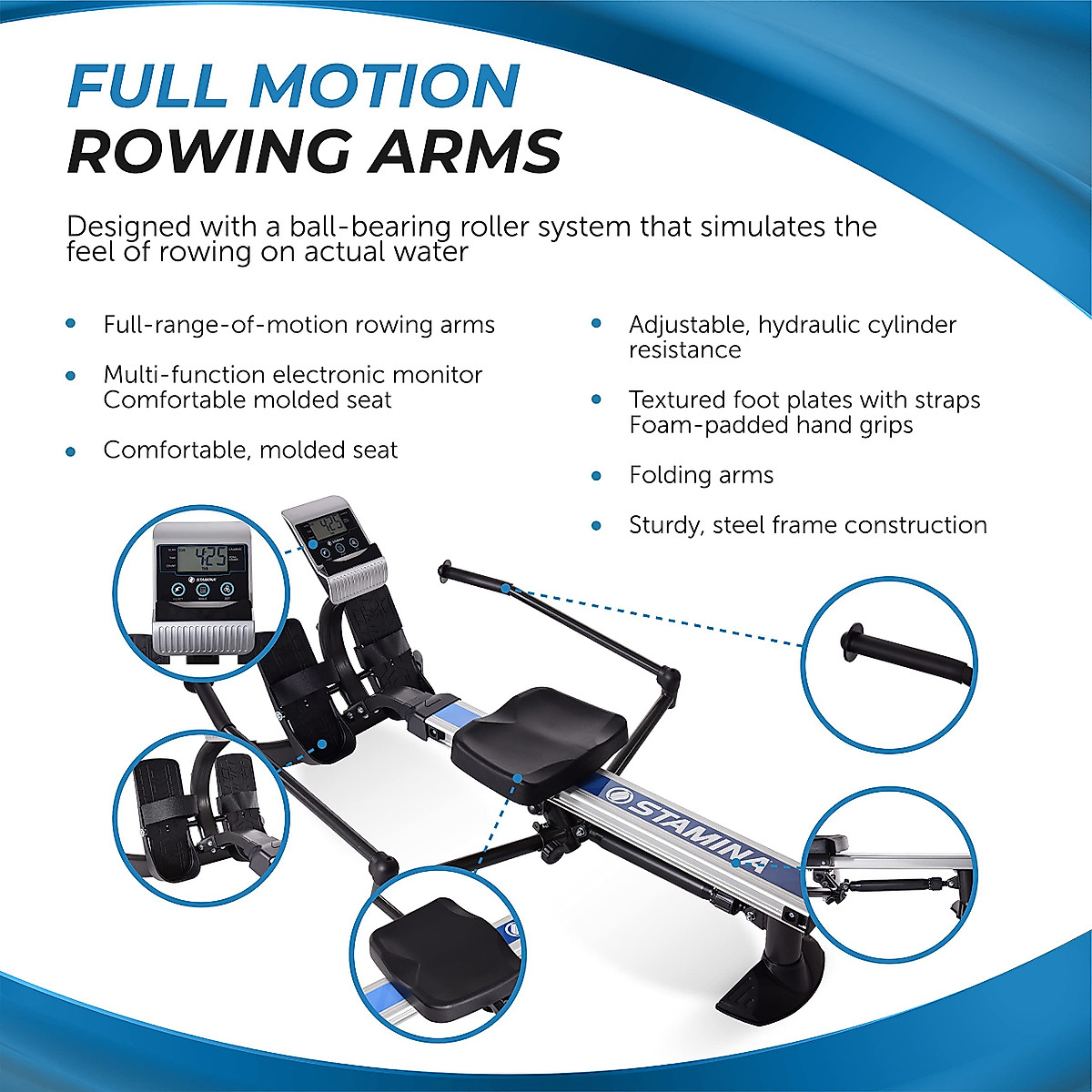 Stamina BodyTrac Glider 1052 Hydraulic Rowing Machine with Smart Workout App - Rower Workout Machine with Cylinder Resistance - Up to 250 lbs Weight Capacity
