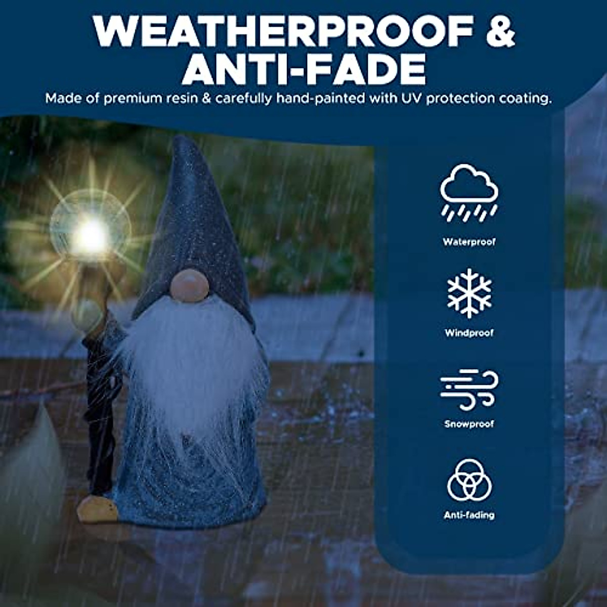 Garden Gnome Statue - Gnomes Decorations for Yard with Solar Lights, Resin Gnome Figurine Holding Magic Wand,Outdoor Lawn Decor Flocked for Patio, Balcony, Yard (Grey)