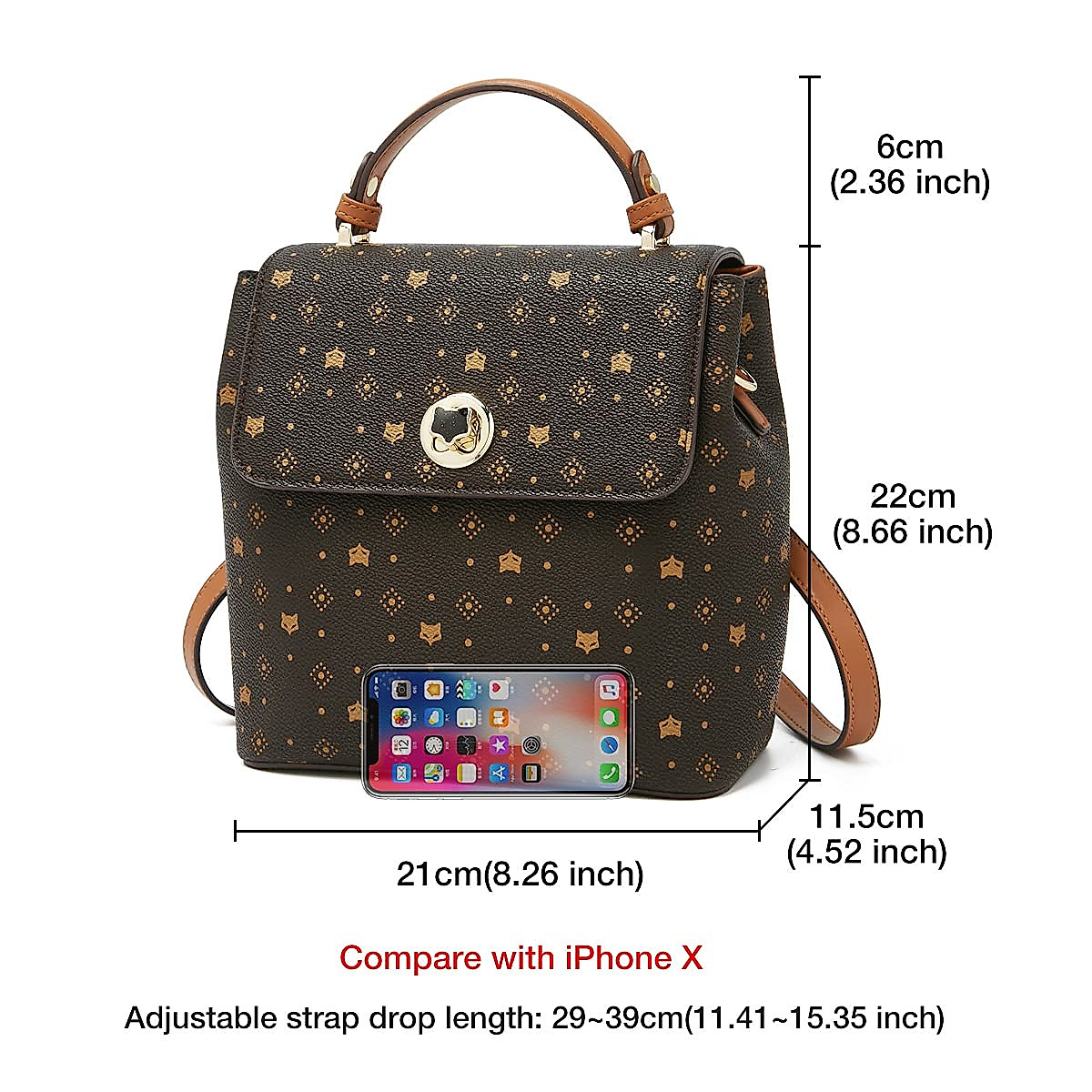 NC FOXER Small Backpack for Women, PVC Artificial Leather Signature Pattern Ladies Crossbody Bags with 2 Adjustable Shoulder Strap (brown)