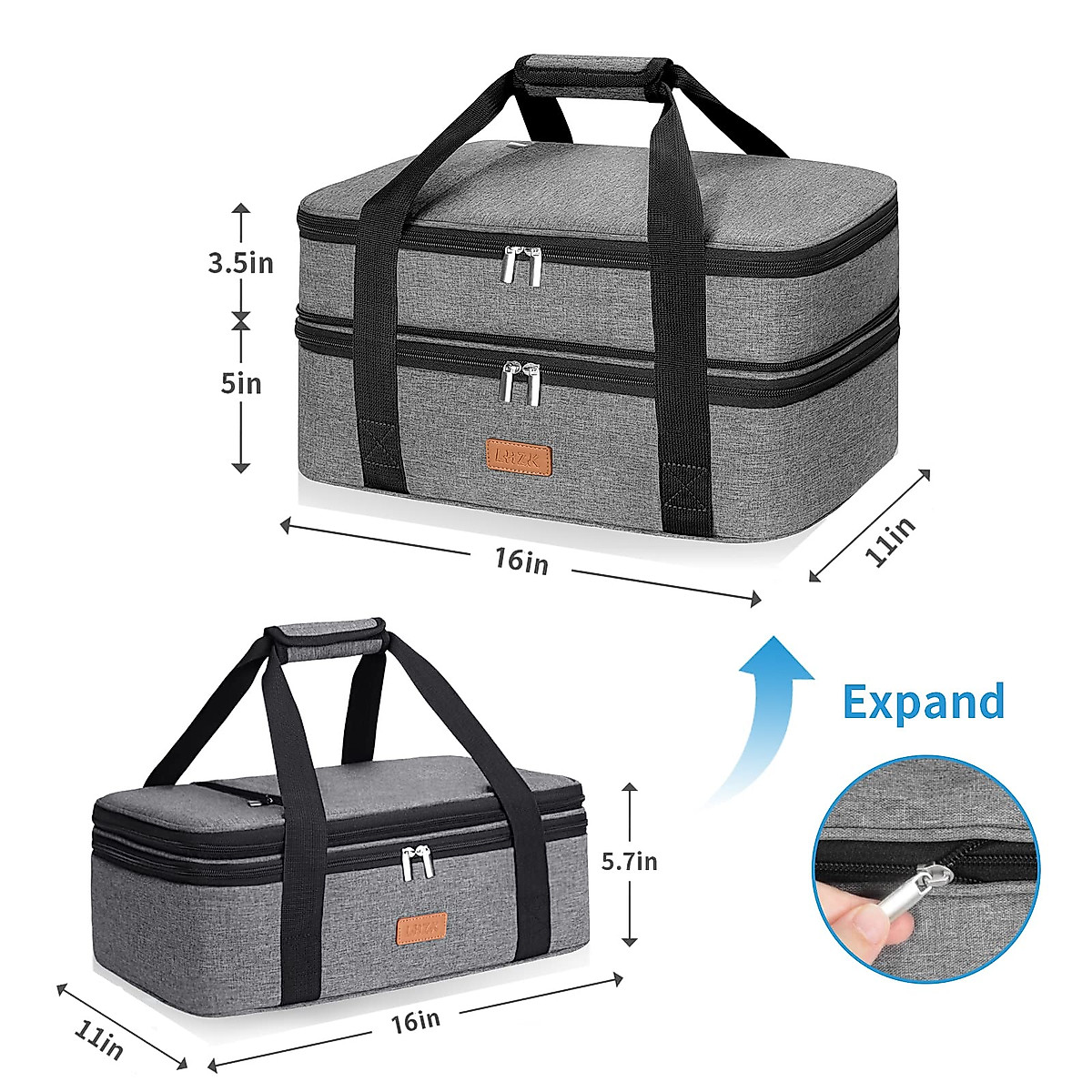 LHZK Insulated Casserole Carrier - Expandable Holder Tote for Hot or Cold Food, Fits 11 x 15 or 9 x 13 Baking Dishes - For Potlucks, Picnics, Beach (Grey)