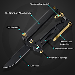 OLITANS T041 Pocket Knife, 2.6'' M390 Steel Blade Titanium handle, Small EDC Knife with Pocket Clip for Men Women, 1.8 oz(Black)