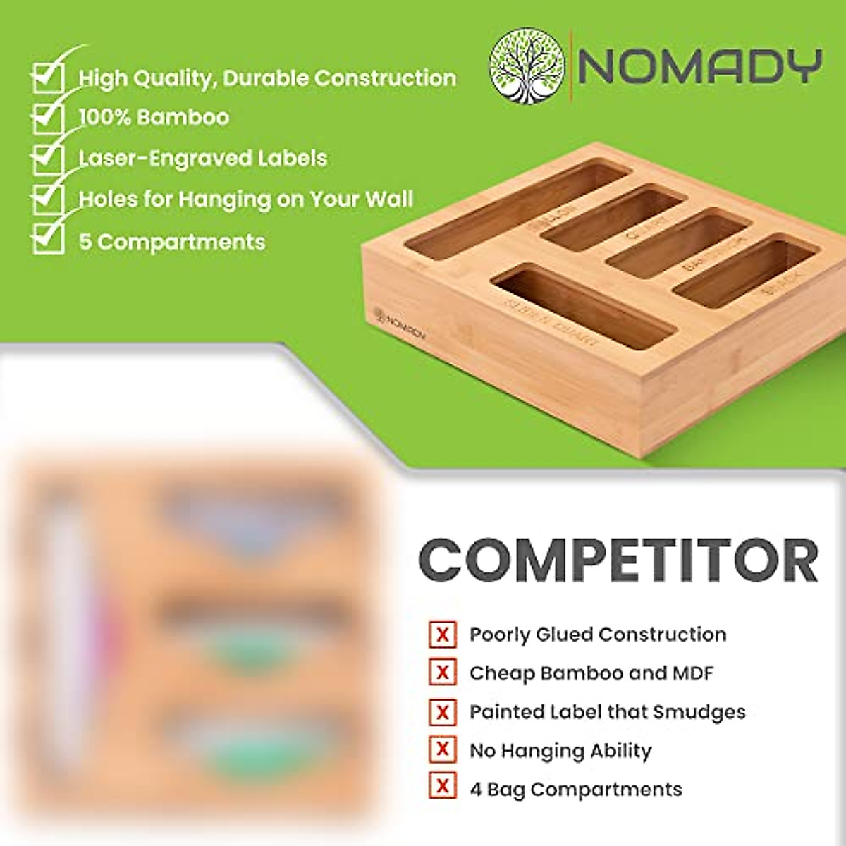 Ziplock Bag Storage Organizer w/ 5 Compartments – Water Resistant Bamboo Ziplock Bag Organizer for Drawer – Gallon, Snack, Quart, Sandwich, Slider Quart Snack Organizer - Kitchen Accessories Organizer