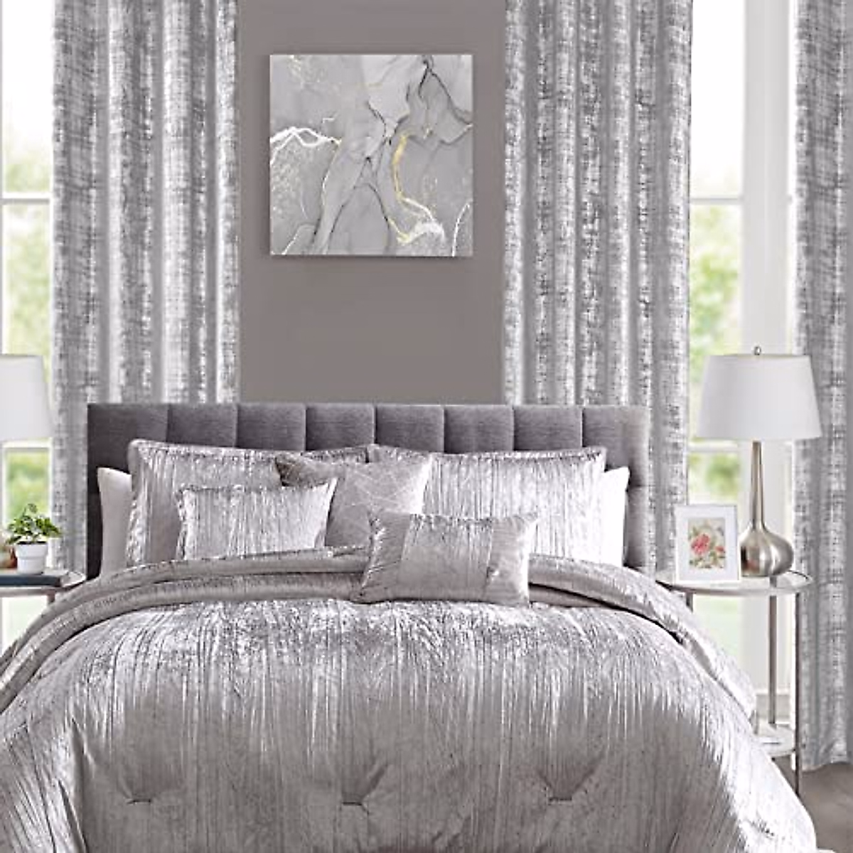 SHINELAND Extra Long Velvet Curtains 108 Inches Long for Living Room 2 Panels Grommet Grand Design 60% Blackout Pattern Curtains for Bedroom Luxury Bling Bathroom Door Doorway,Light Silver Grey