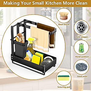 Yawinhe Sponge Holder, Sink Caddy Organizer with Detachable Brush Rack, Kitchen Accessories for Organization, Stainless Steel, Black