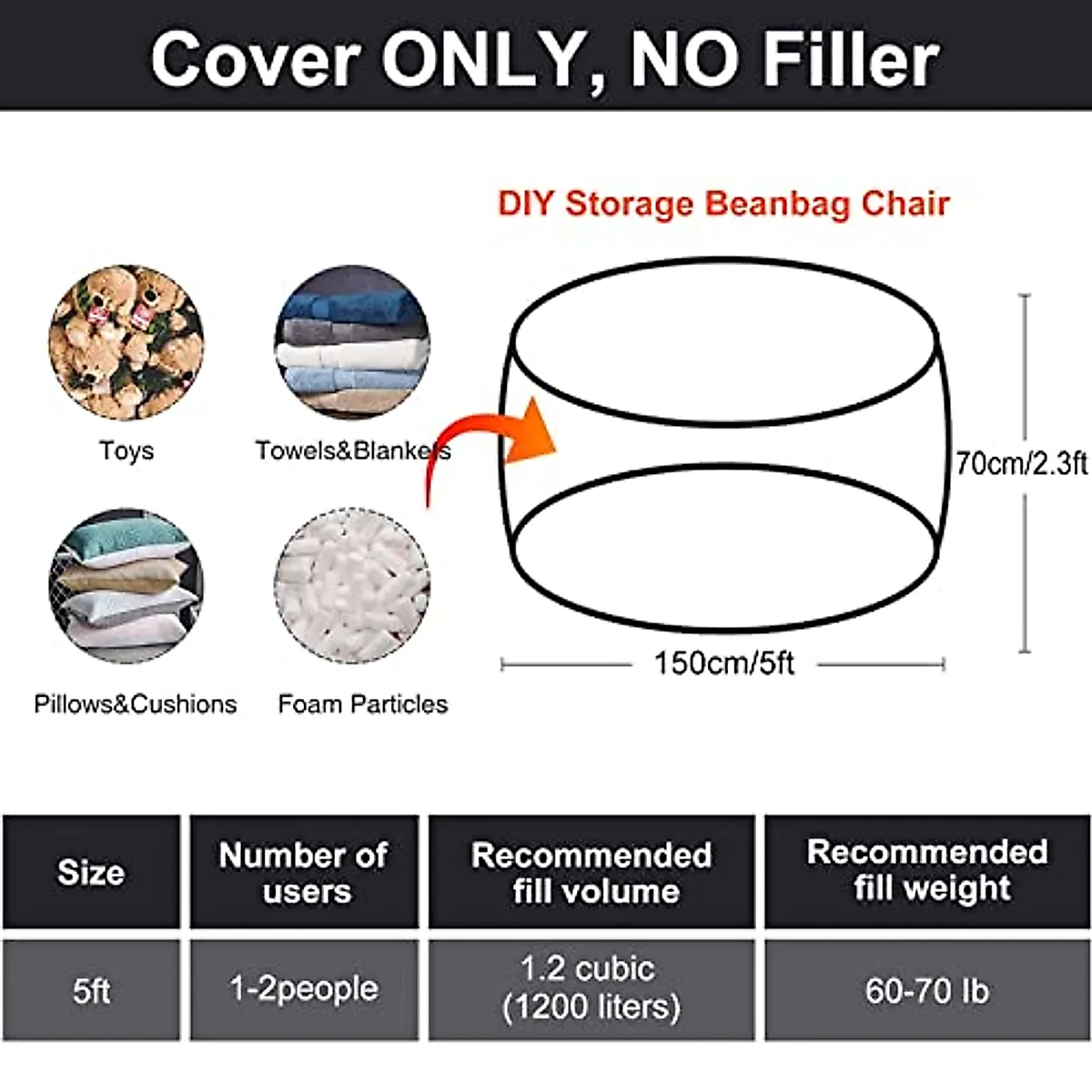 5ft Giant Fur Bean Bag Chair for Adult Living Room Furniture Big Round Soft Fluffy Faux Fur BeanBag Lazy Sofa Bed Cover Giant (it was only a Cover, not a Full Bean Bag), Dark Grey