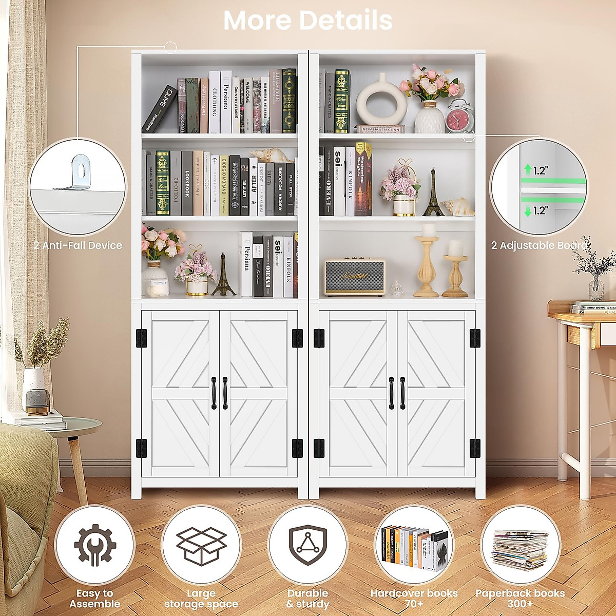 SEJOV Bookshelf 5 Tier Tall Bookcase with Doors Storage and 3-Tier Open Shelves Wood Farmhouse Bookshelves Cabinet Organizer for Living Room, Study, Kitchen, Home Office, White