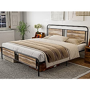 IKIFLY King Bed Frame with Industrial Wood Headboard/Footboard, Heavy Duty Metal Slats Support, Under-Bed Storage, No Box Spring Needed - Wood Brown