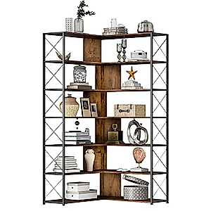7-Tier Corner L-Shaped Bookcase Tall Bookshelf with Open Storage Industrial Etagere Shelf, Freestanding, Metal Frame, Brown