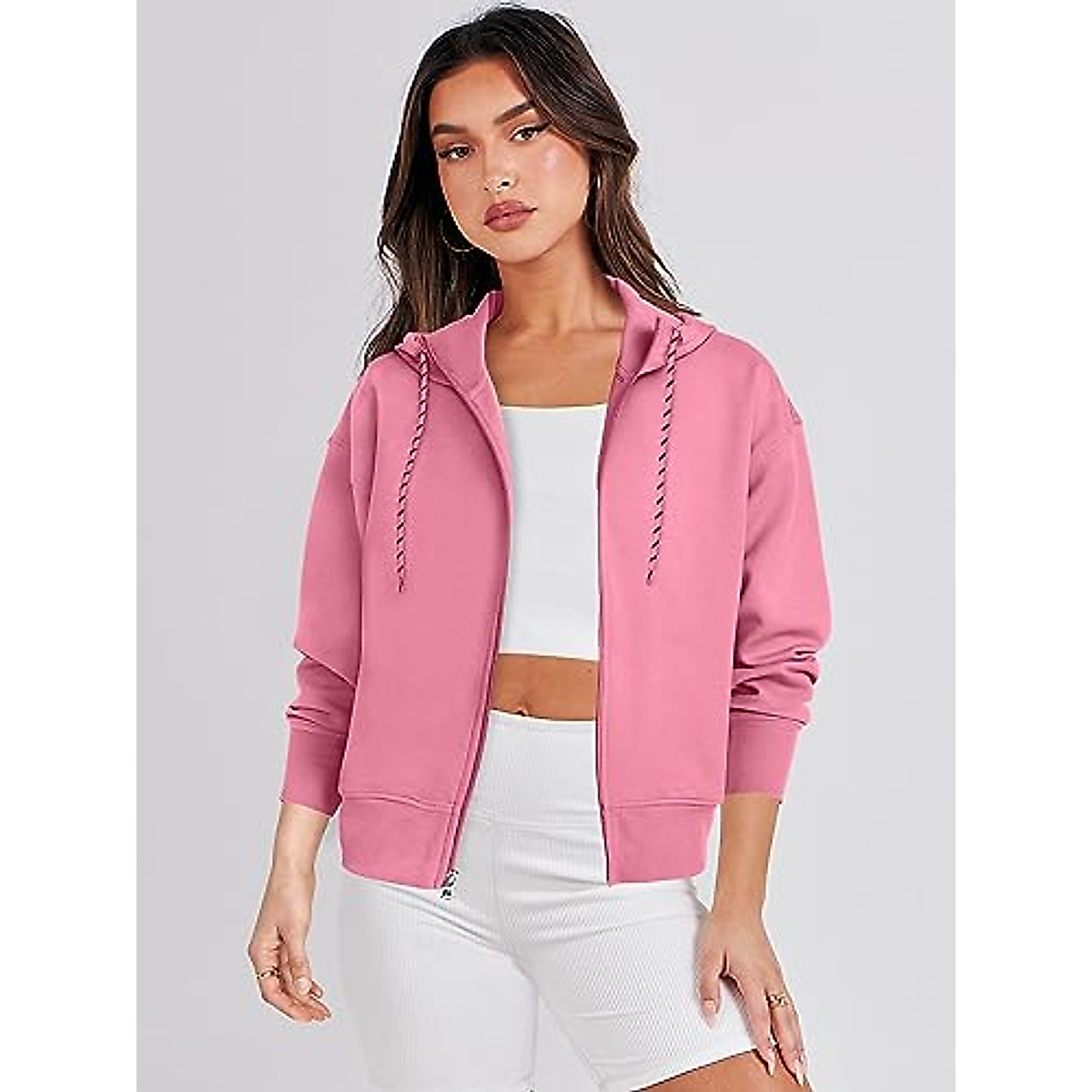 Caracilia Women's Full Zip Up Hoodies Cropped Drawstring Sweatshirts Teen Girl Cute Y2K Lightweight Preppy Pink Hooded Casual Preppy Jackets 2023 Fall Winter Fashion Clothes C114A8-yanfen-XL