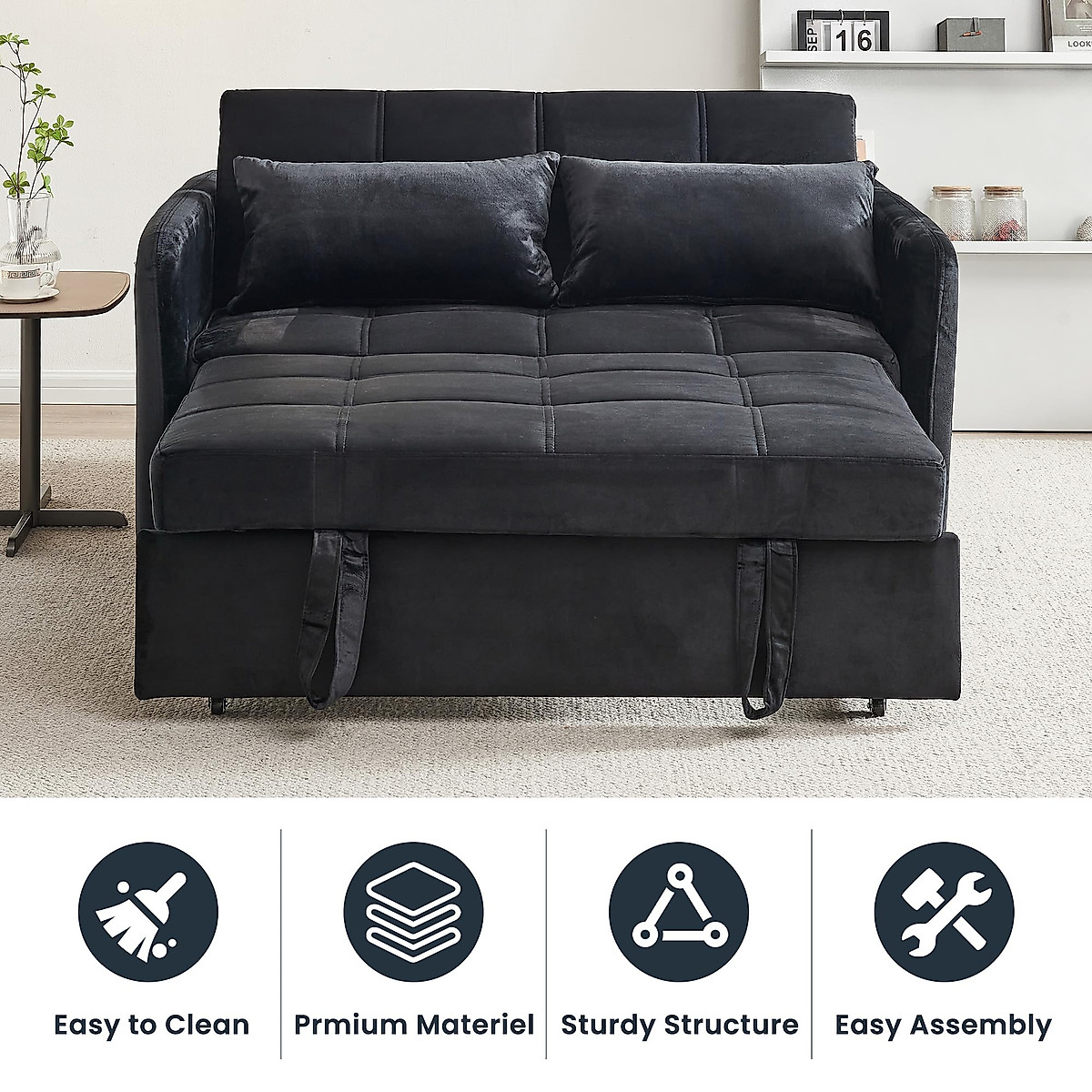 SumKea 3-in-1 Convertible Sleeper Sofa Bed, Velvet Futon Couch Pullout Bed with USB Ports, Modern Space Lounge Furniture for Living Room, Black