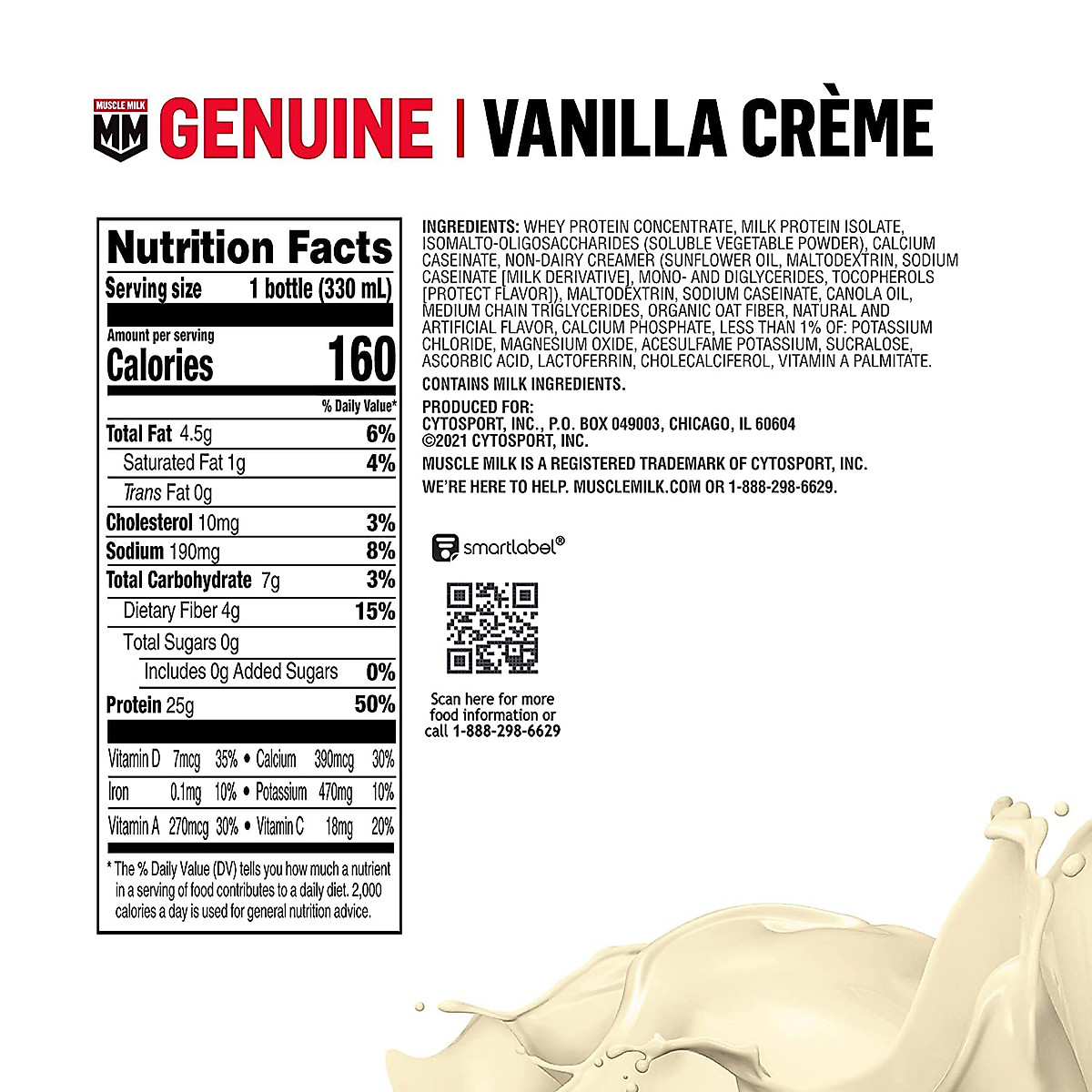Muscle Milk Genuine Protein Shake, Vanilla Creme, 11.16 Fl Oz Bottle, 12 Pack, 25g Protein, Zero Sugar, Calcium, Vitamins A, C & D, 5g Fiber, Energizing Snack, Workout Recovery, Packaging May Vary