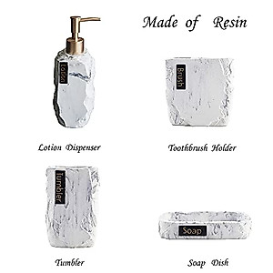 Hymmah Bathroom Accessories Set,Marble Design Toothbrush Holder,Farmhouse Bathroom Decor,4 Pcs Resin Gift Set Apartment Necessities, Contain Toothbrush Cup,Soap Dispenser,Soap Dish,Tumbler