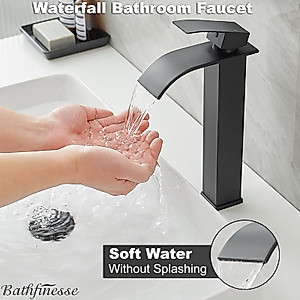 Bathfinesse Vessel Sink Faucet Waterfall Bathroom Faucet Matte Black Stainless Steel Tall Single Handle One Hole Deck Mount Bowl Vanity Sink Faucet with Pop-up Drain Stopper